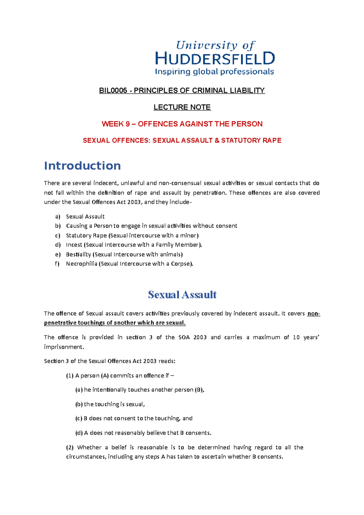 Sexual Assault - BIL0005 - PRINCIPLES OF CRIMINAL LIABILITY LECTURE ...