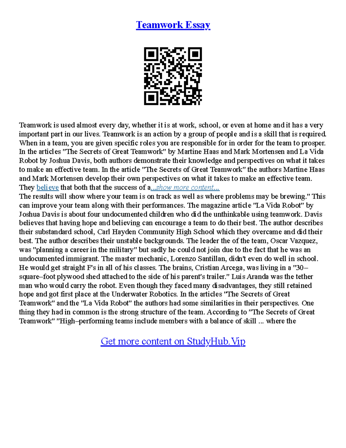 Essay Teamwork Essay Teamwork - Teamwork Essay Teamwork is used almost ...
