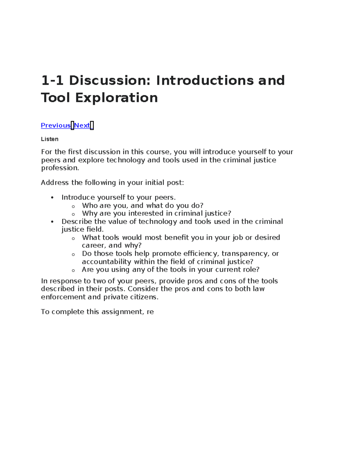 Document (14) - Assignments - 1-1 Discussion: Introductions and Tool Exploration Previous Next ...