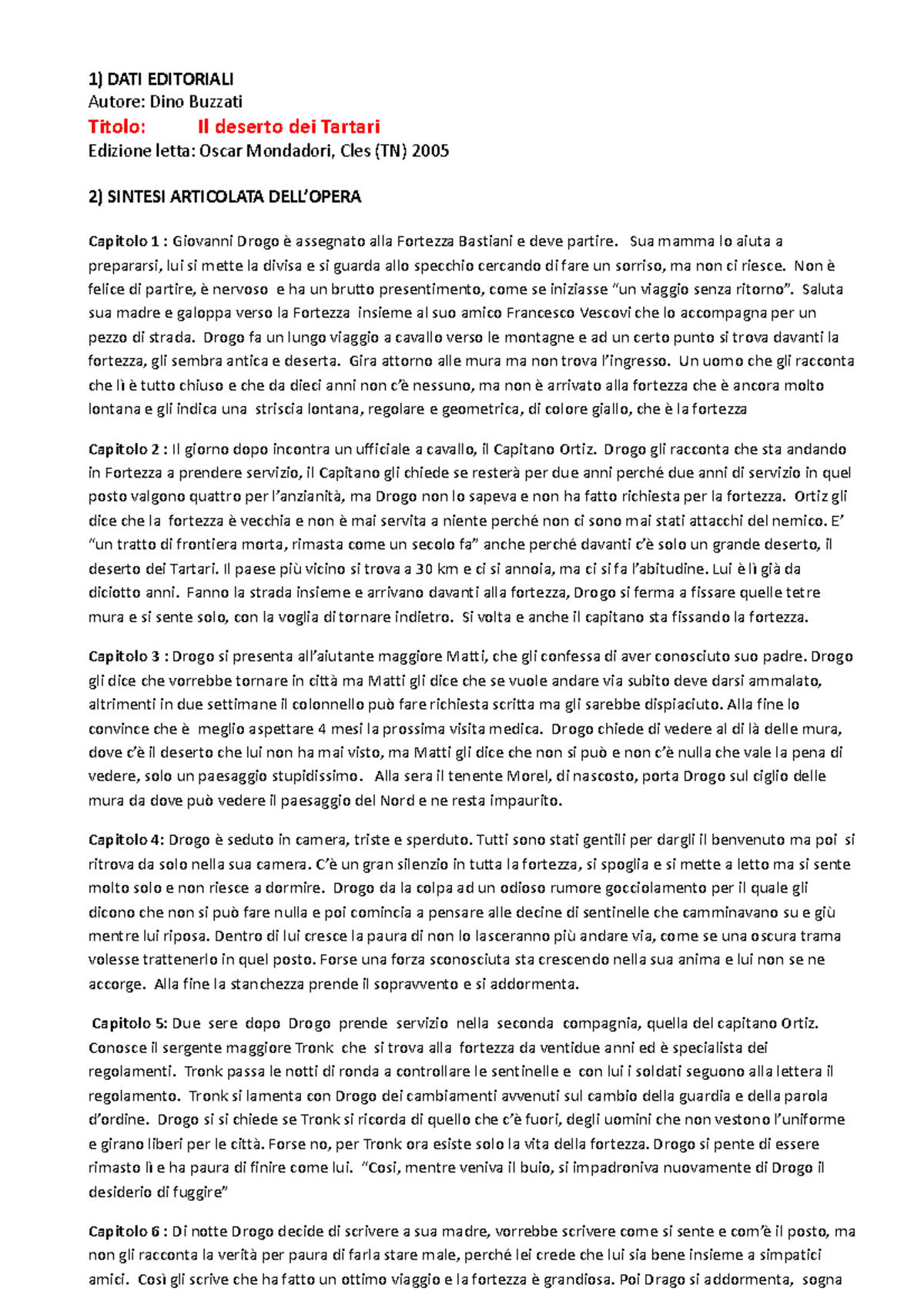 Scheda libro + riassunto per capitoli 'IL Deserto DEI Tartari' - 1 ...