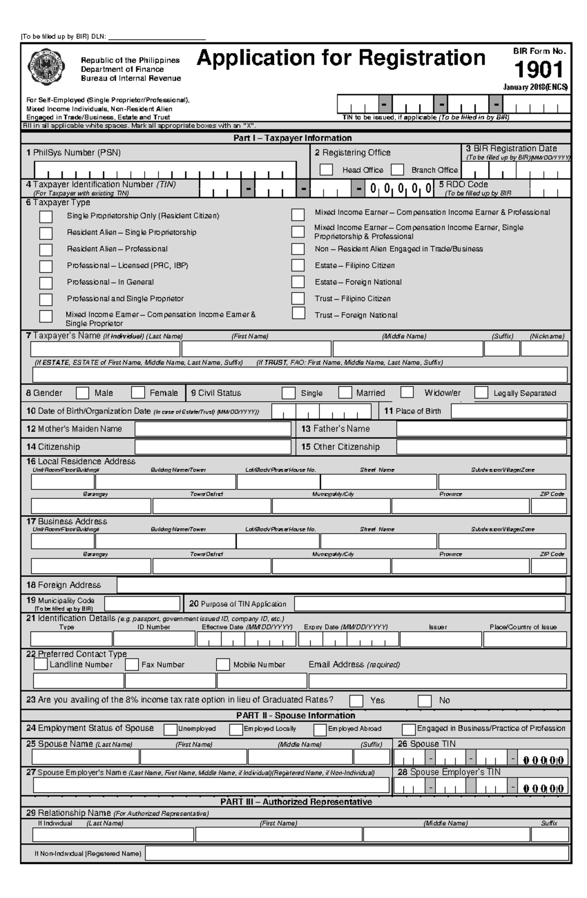 BIR 1901 - BIR Form 1901 - (To be filled up by BIR) DLN ...