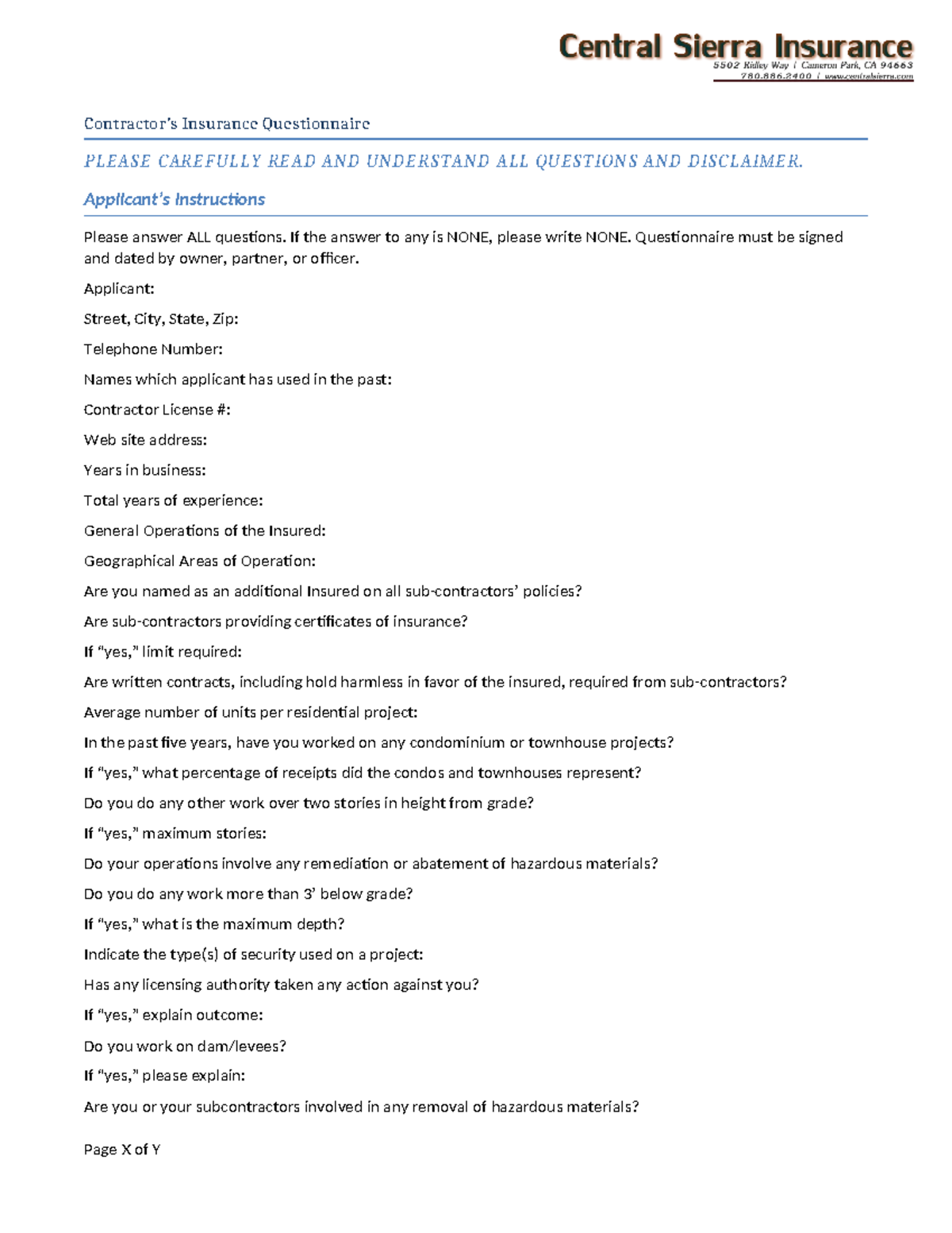 Modified Insurance Questionnaire Step10 - Contractor’s Insurance ...