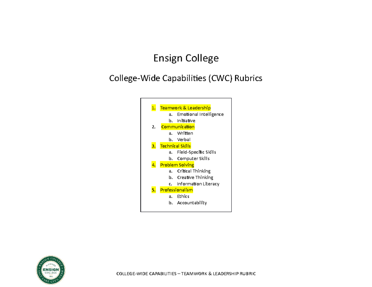 W1 Ensign College CWC rubrics all together - Ensign College College ...