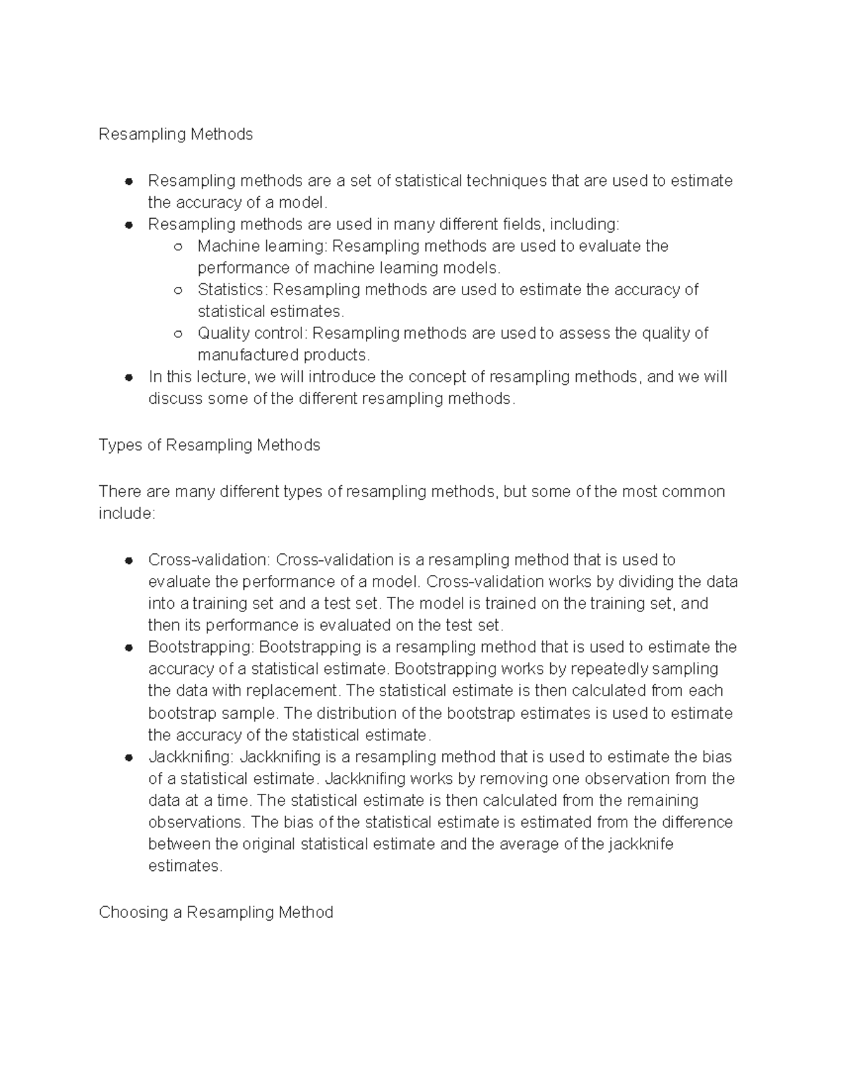 Lecture Note For Stat 351 Lecture 13 Resampling Methods Resampling