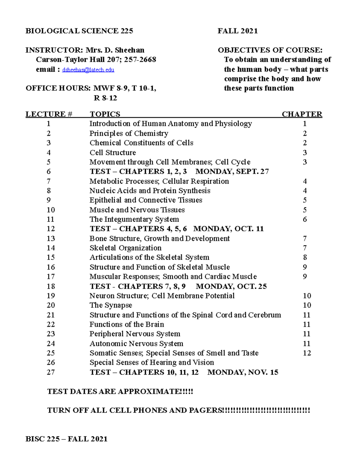 BISC225- Syllabus-fall 2021 sheehan - INSTRUCTOR: Mrs. D. Sheehan ...