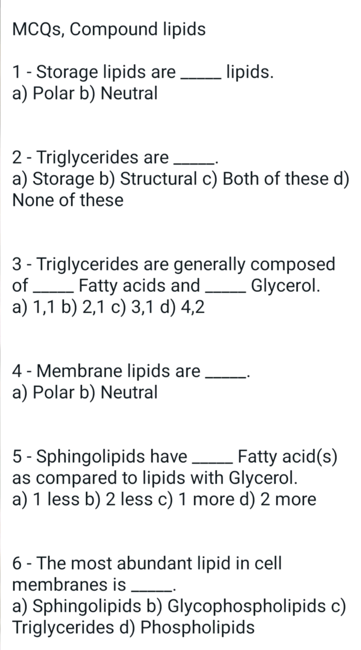 MCQs, Compound lipids - it is biochem mcqs - Biochemistry - Studocu