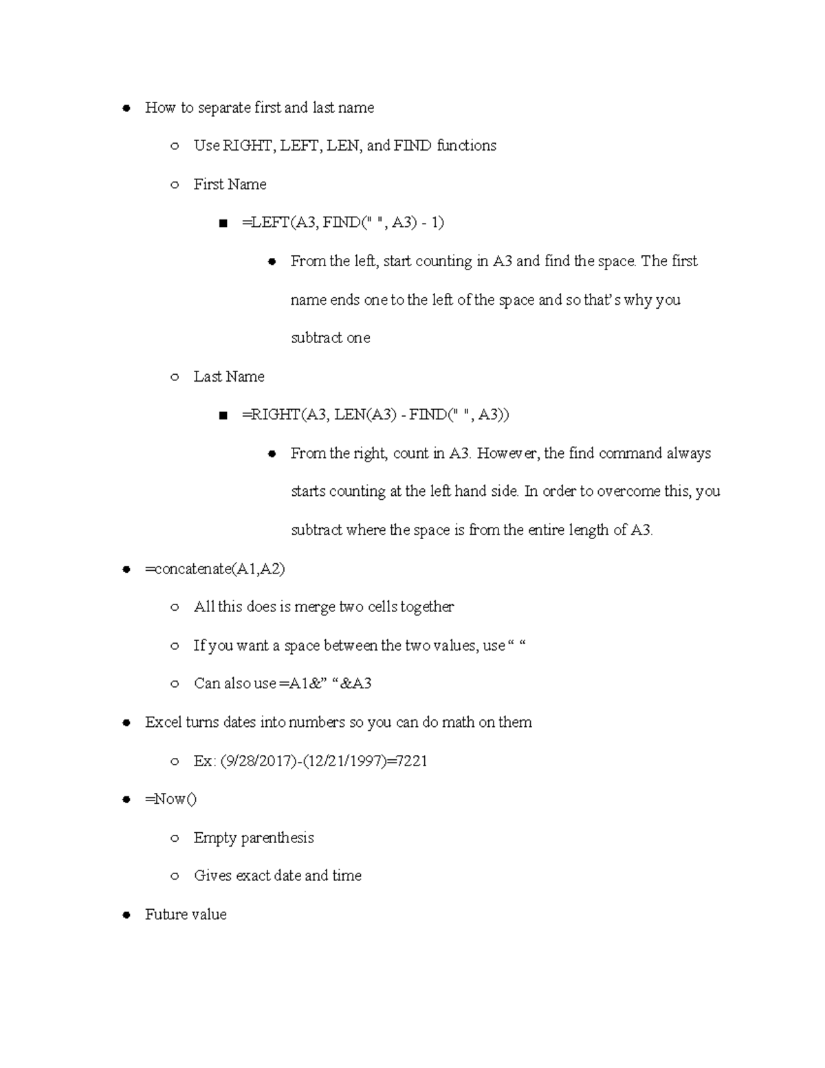 Midterm 1 notes - How to separate first and last name Use RIGHT, LEFT ...