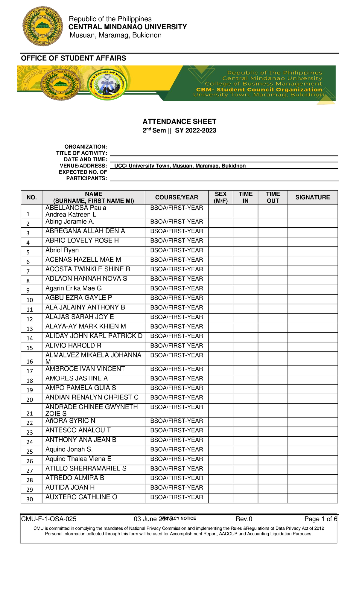 Bsoafirstyear- Attendance - CENTRAL MINDANAO UNIVERSITY Musuan, Maramag ...