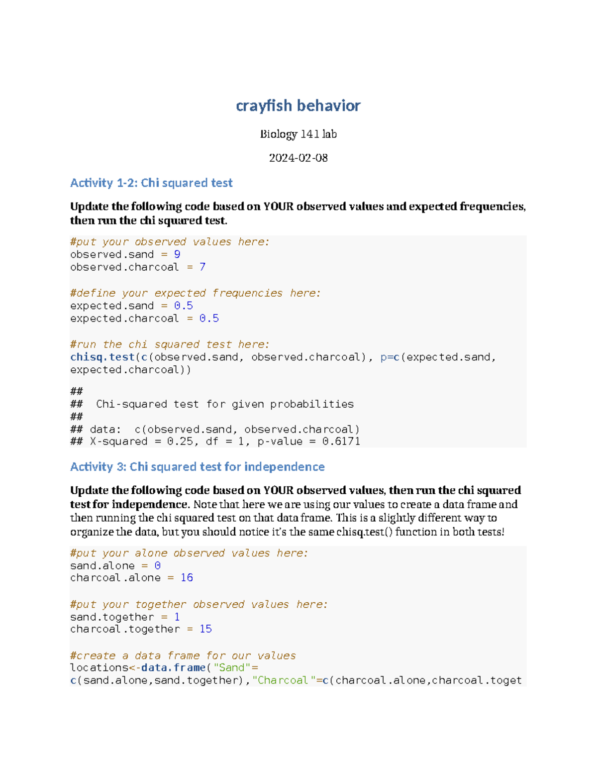 02 crayfish Behavior - lab worksheet - crayfish behavior Biology 141 ...