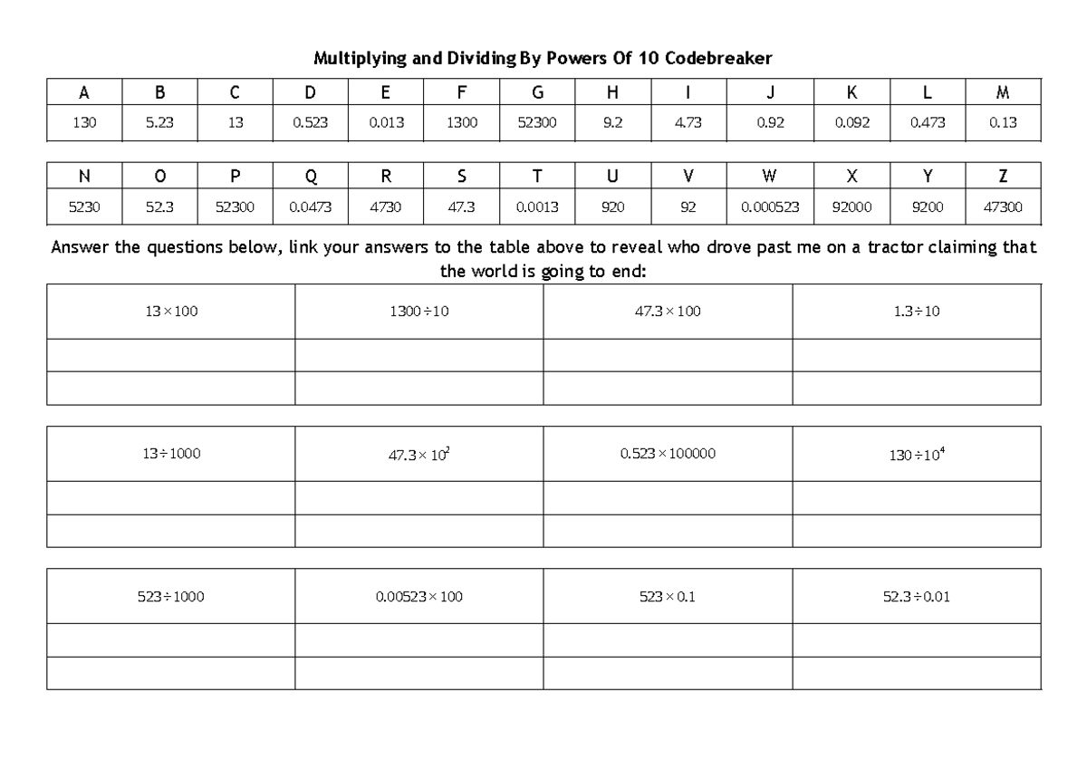 Mult and Div by Powers of 10 Codebreaker - maths - Multiplying and ...