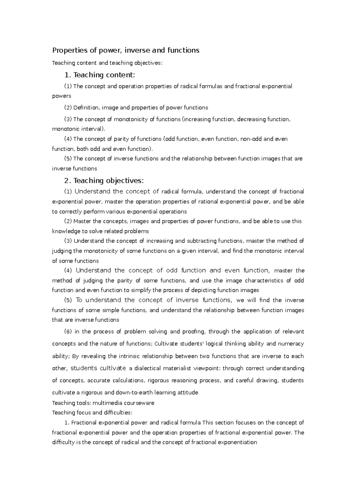 Properties of power, inverse and functions - Teaching content: (1) The ...