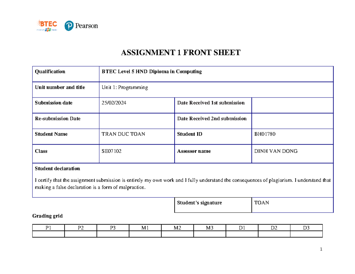 Report Asm1 1st Programming Toantd Bh01780 Assignment 1 Front Sheet Qualification Btec Level 5 