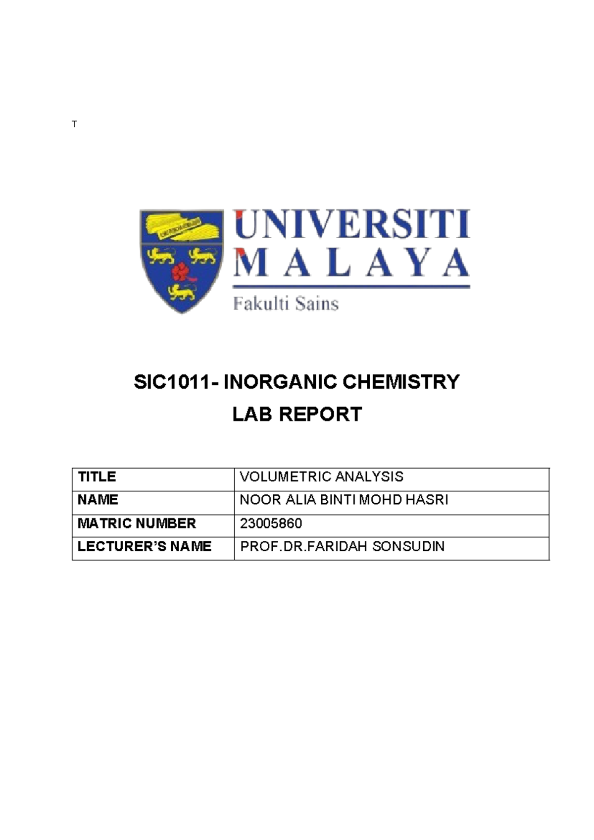 Inorganic Chemistry A2 PART B - Laboratory skill - T SIC1011- INORGANIC ...