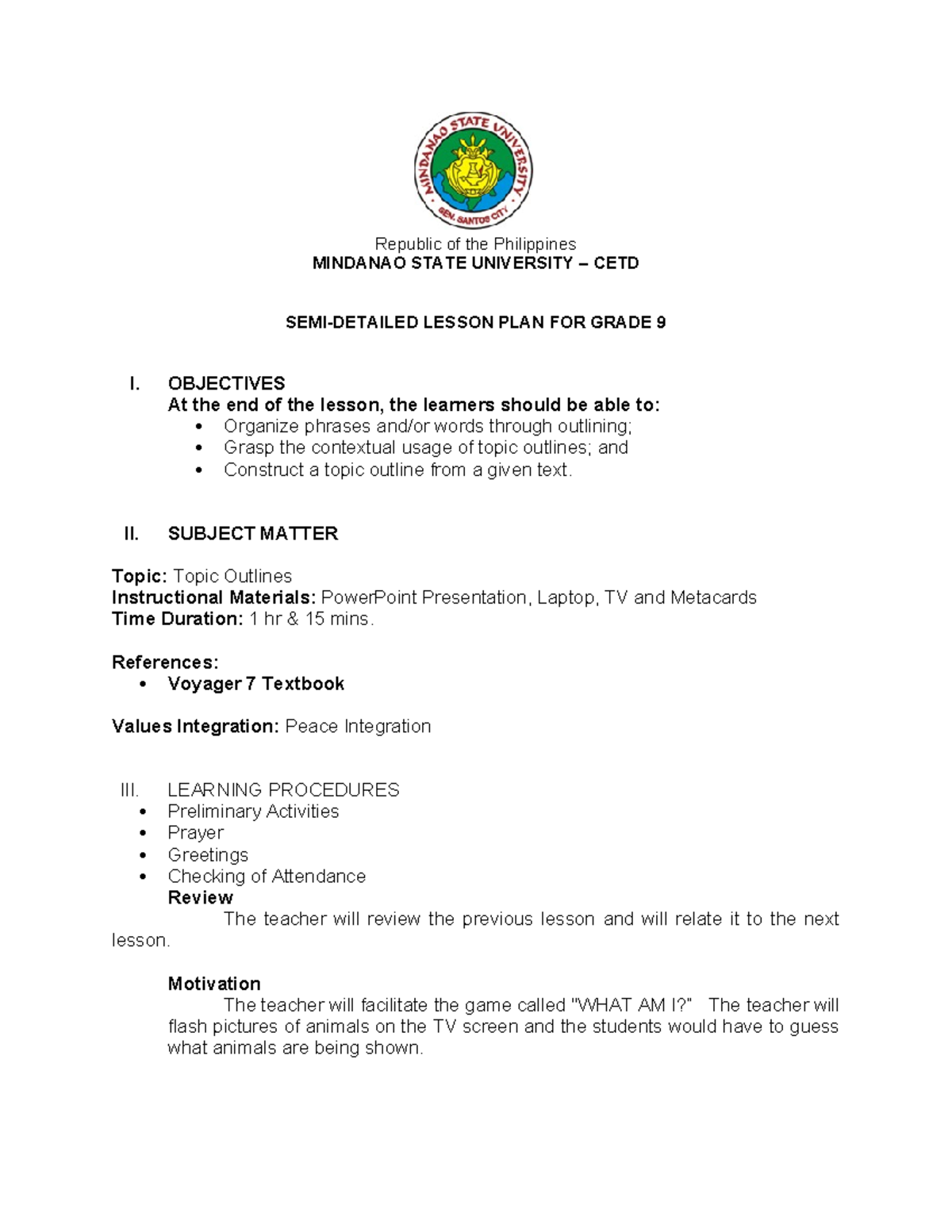 LP template - Republic of the Philippines MINDANAO STATE UNIVERSITY ...