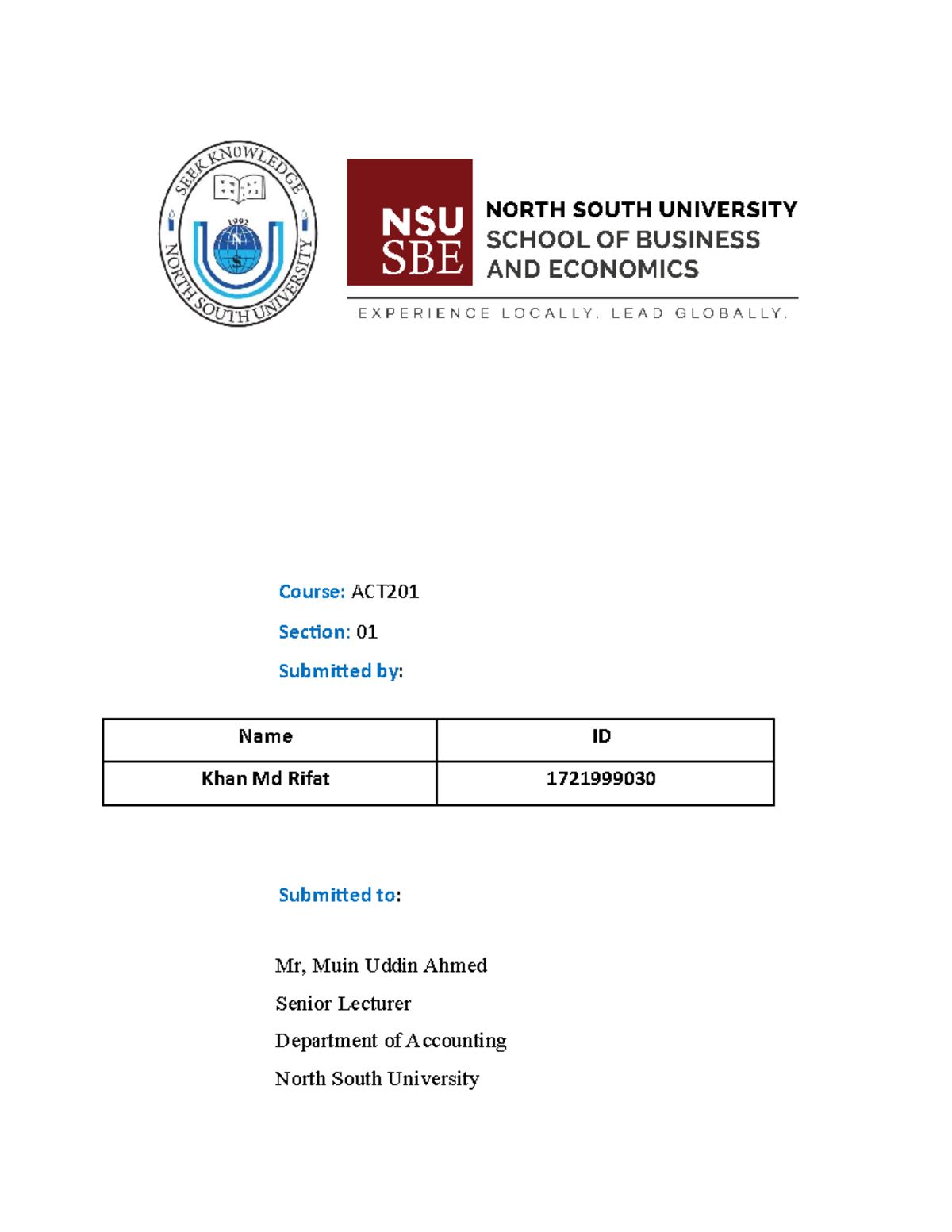 Assignment ACT201 - dasdsa - L Course: ACT Section: 01 Submitted by ...