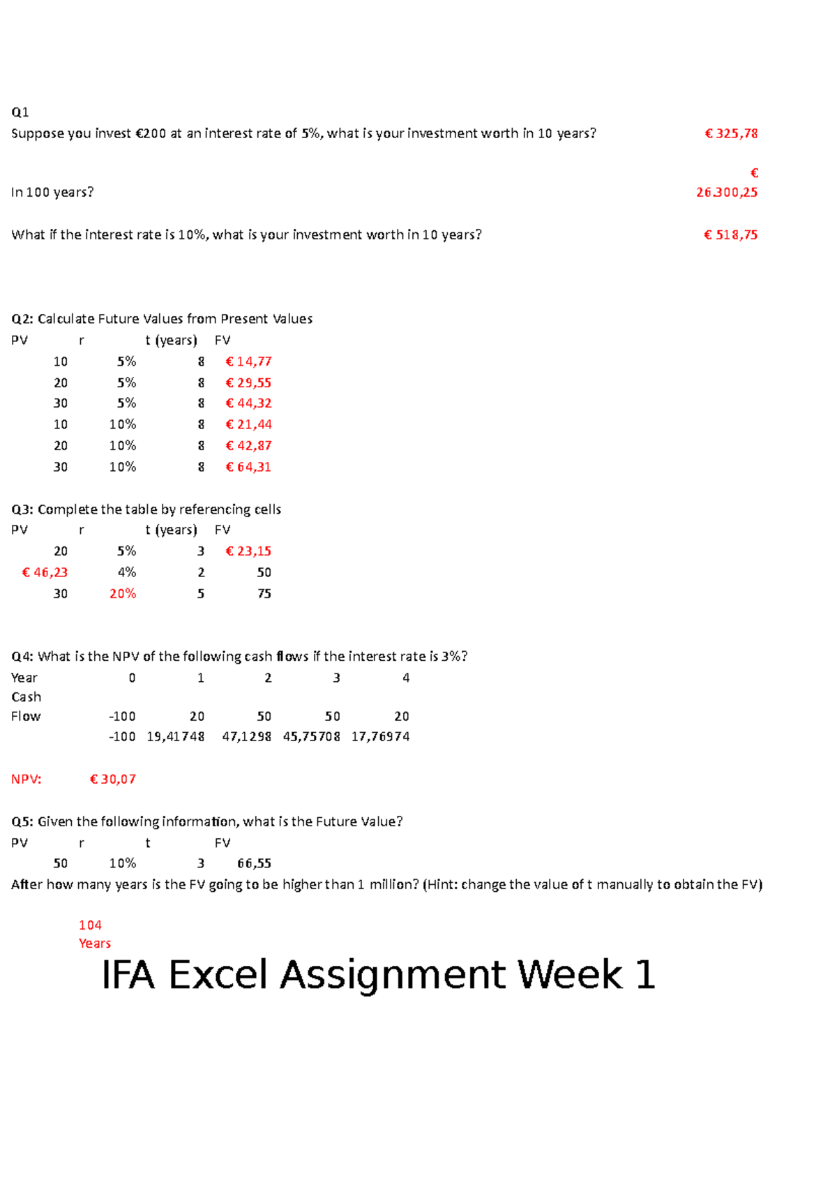IFA Assignment Week 1 - Excel Opgaven Week 1 - Q Suppose you invest €200 at an interest rate of ...