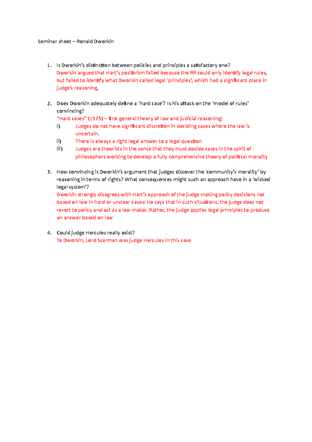 Dworkin seminar sheet - Seminar sheet – Ronald Dworkin Is Dworkin’s ...