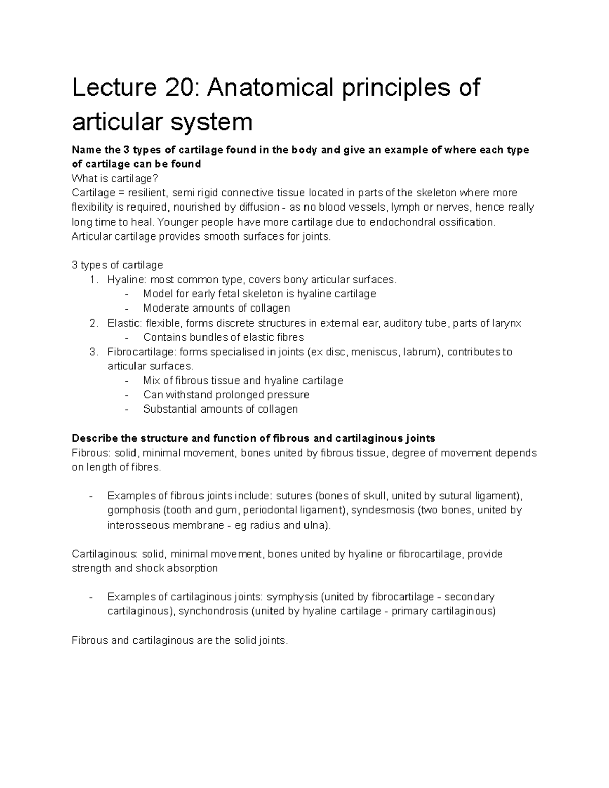 Musculoskeletal Block Summary Notes Lecture 20 Anatomical Principles