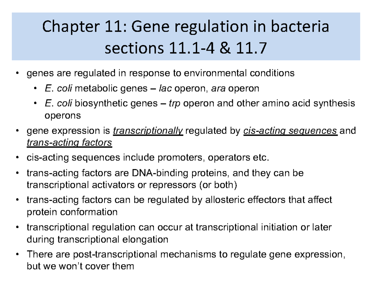 2022 Ch 11 bios 220 Bb important - Chapter 11: Gene regulation in bacteria sections 11-4 & 11 ...