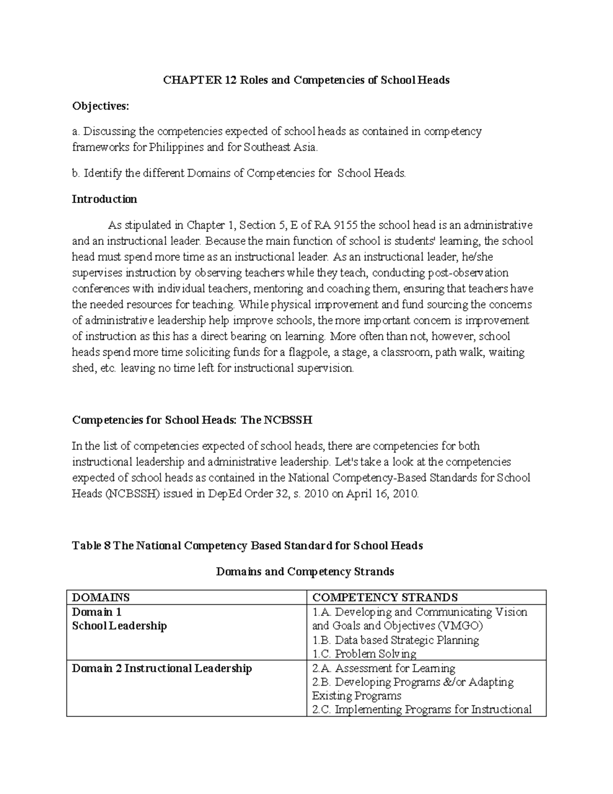Chapter 12 ED-103 - Module - CHAPTER 12 Roles and Competencies of School Heads Objectives: a ...