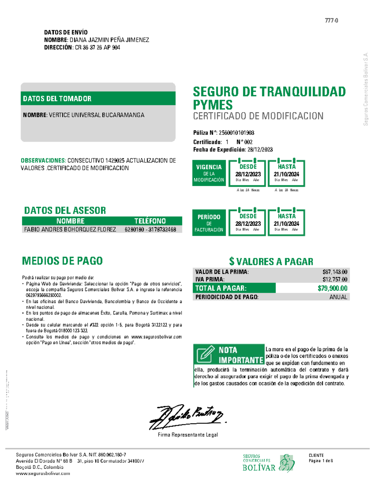 Poliza - Vertice Universal Bucaramanga ( Endoso) - CLIENTE Seguros ...