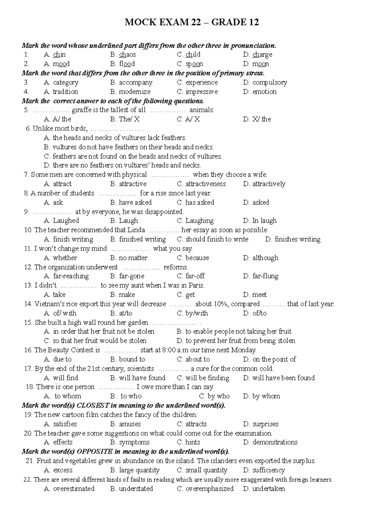 MOCK EXAM 22 - 2021 - shit - MOCK EXAM 22 – GRADE 12 Mark the word ...