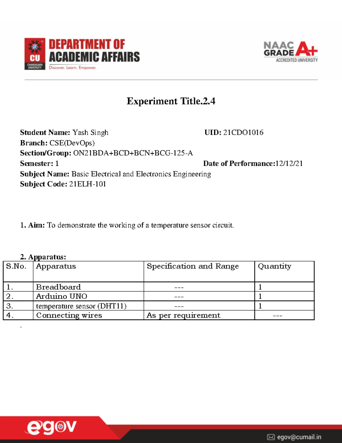 Beee EXP 2.4-converted - Experiment Title. Student Name: Yash Singh UID: 21CDO Branch: CSE ...