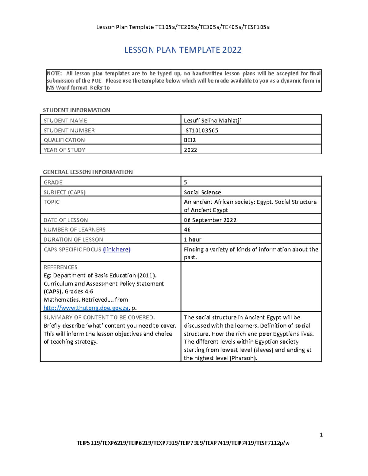 Social Science TEIP Lesson PLAN - Lesson Plan Template TE105a/TE205a ...