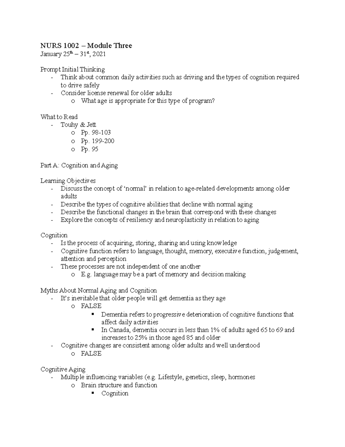 NURS 1002 - Module Three - NURS 1002 – Module Three January 25th – 31st ...