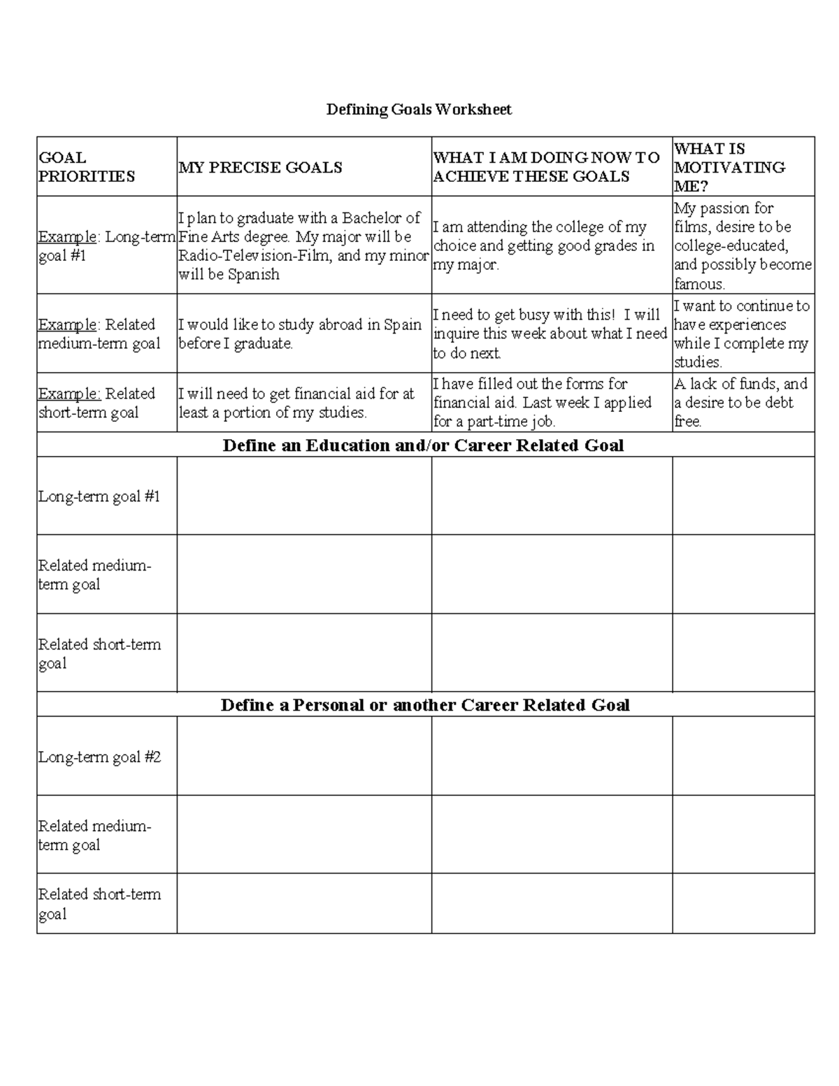 Goal Setting Worksheet - Defining Goals Worksheet GOAL PRIORITIES MY ...