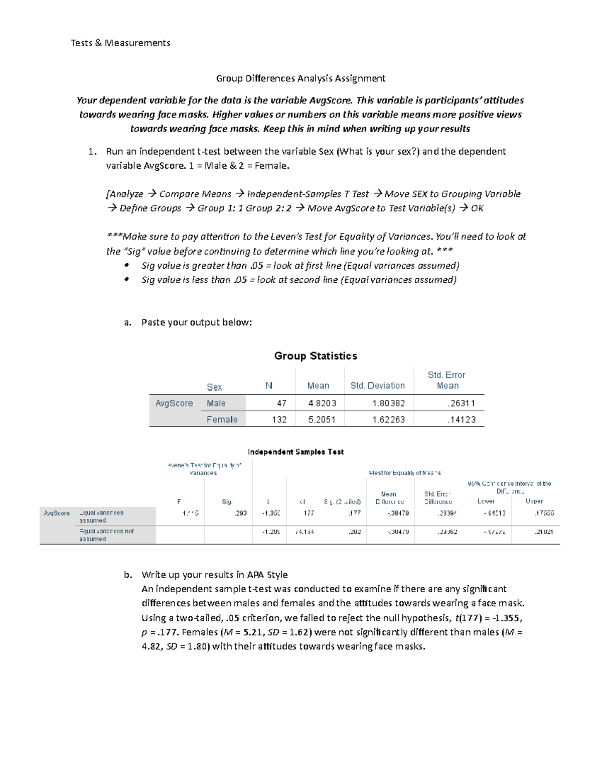 Group Differences Analysis Assignment Mask Wearing - Tests Measurements ...