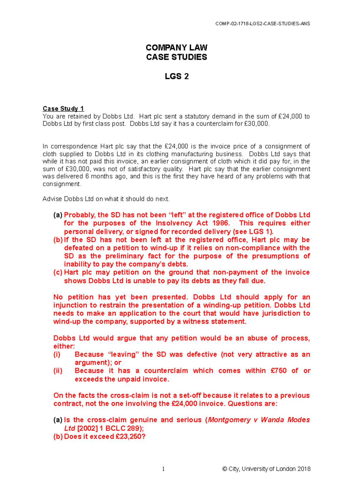 Company LGS2 Answers - Lecture notes - COMP-02-1718-LGS2-CASE-STUDIES ...