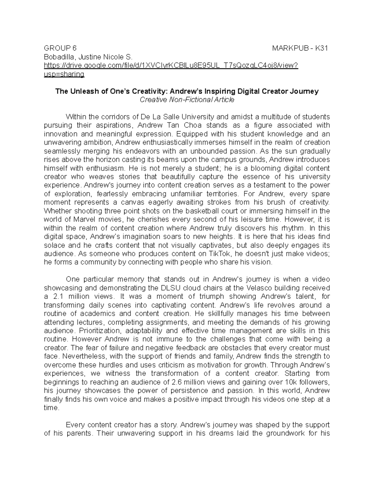Creative Non-Fictional Article - GROUP 6 MARKPUB - K Bobadilla, Justine ...