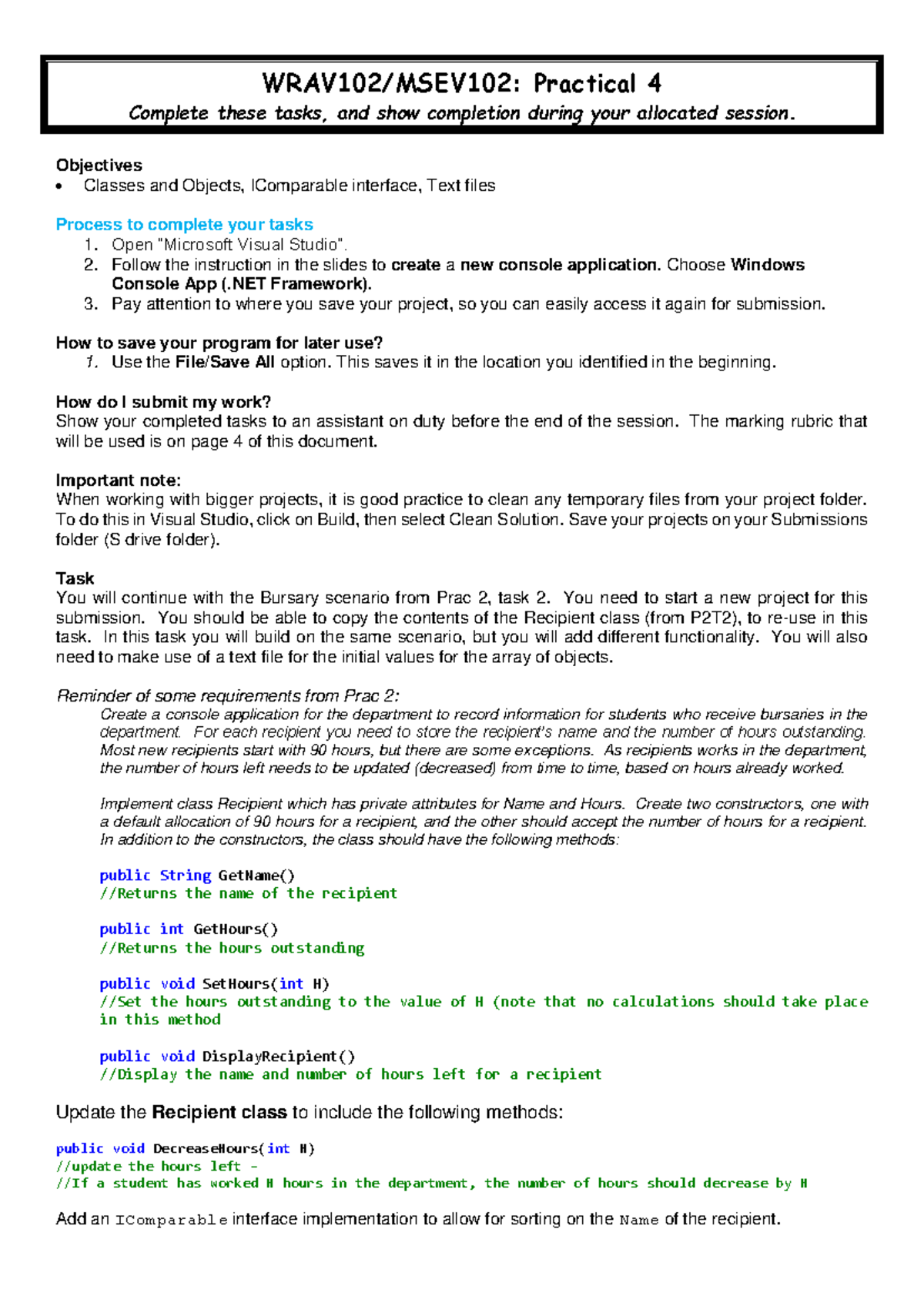 Practical 4 - WRAV 102 /MSEV102: Practical 4 Complete these tasks, and show completion during ...