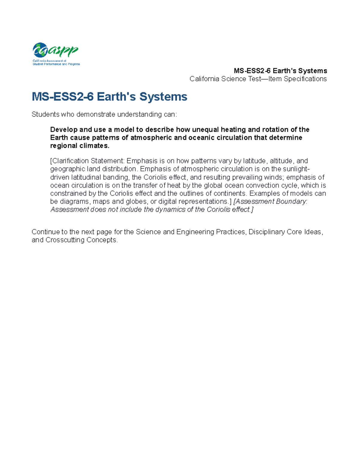 Itemspecs ms ess2 6 - By contrast to other - California Science Test ...