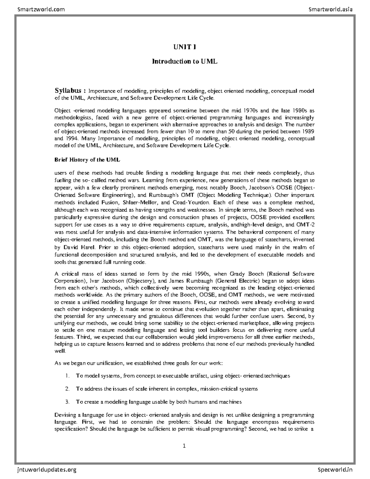 Object Oriented Analysis and Design - 1 UNIT I Introduction to UML Syllabus : Importance of ...