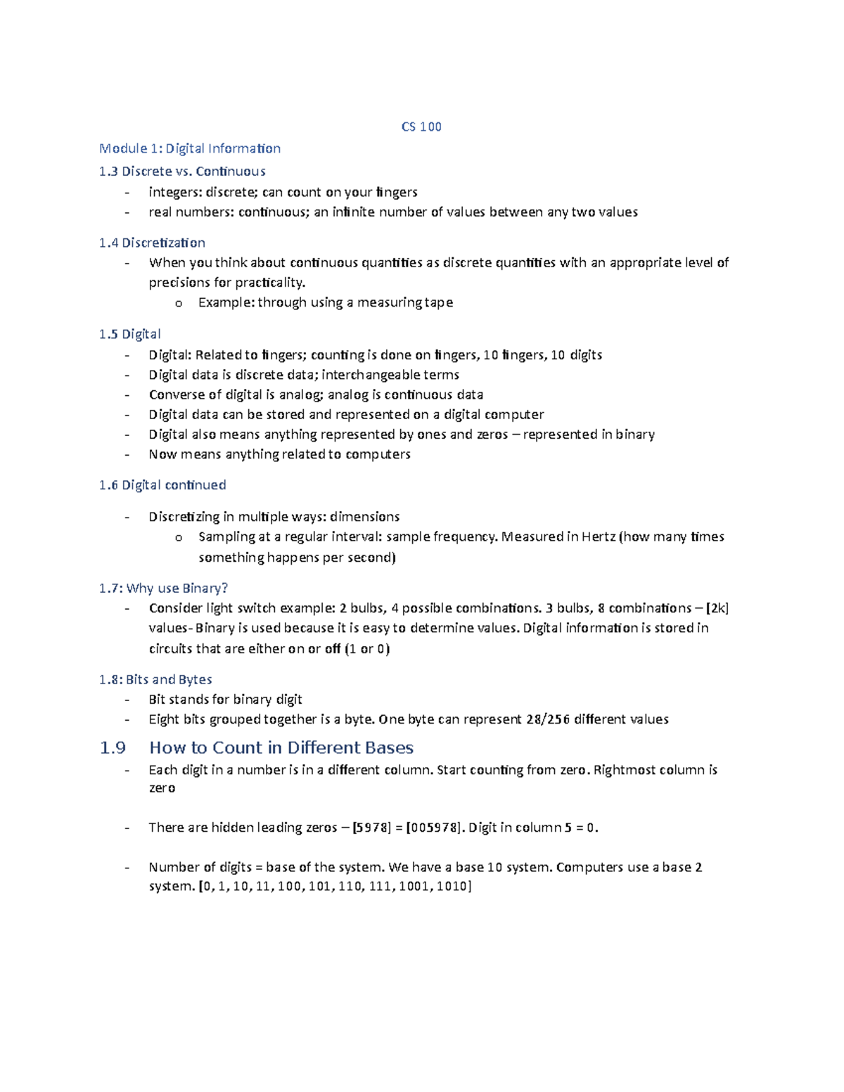 CS 100 - Module 01 - Digital Information - CS 100 Module 1: Digital Information 1 Discrete vs ...
