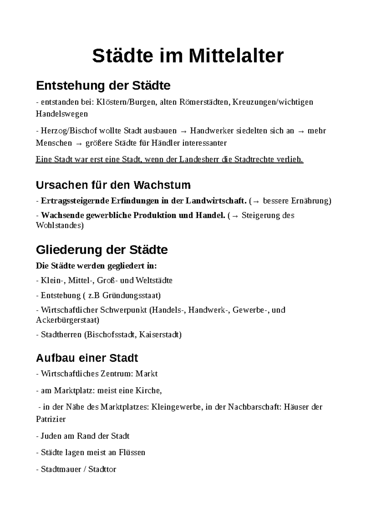 Handout Geschichte - Städte im Mittelalter Entstehung der Städte ...