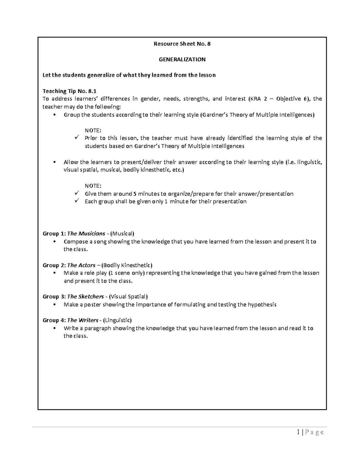 Daily Lesson Log Resource Sheet - 1 | P a g e Resource Sheet No. 8 ...