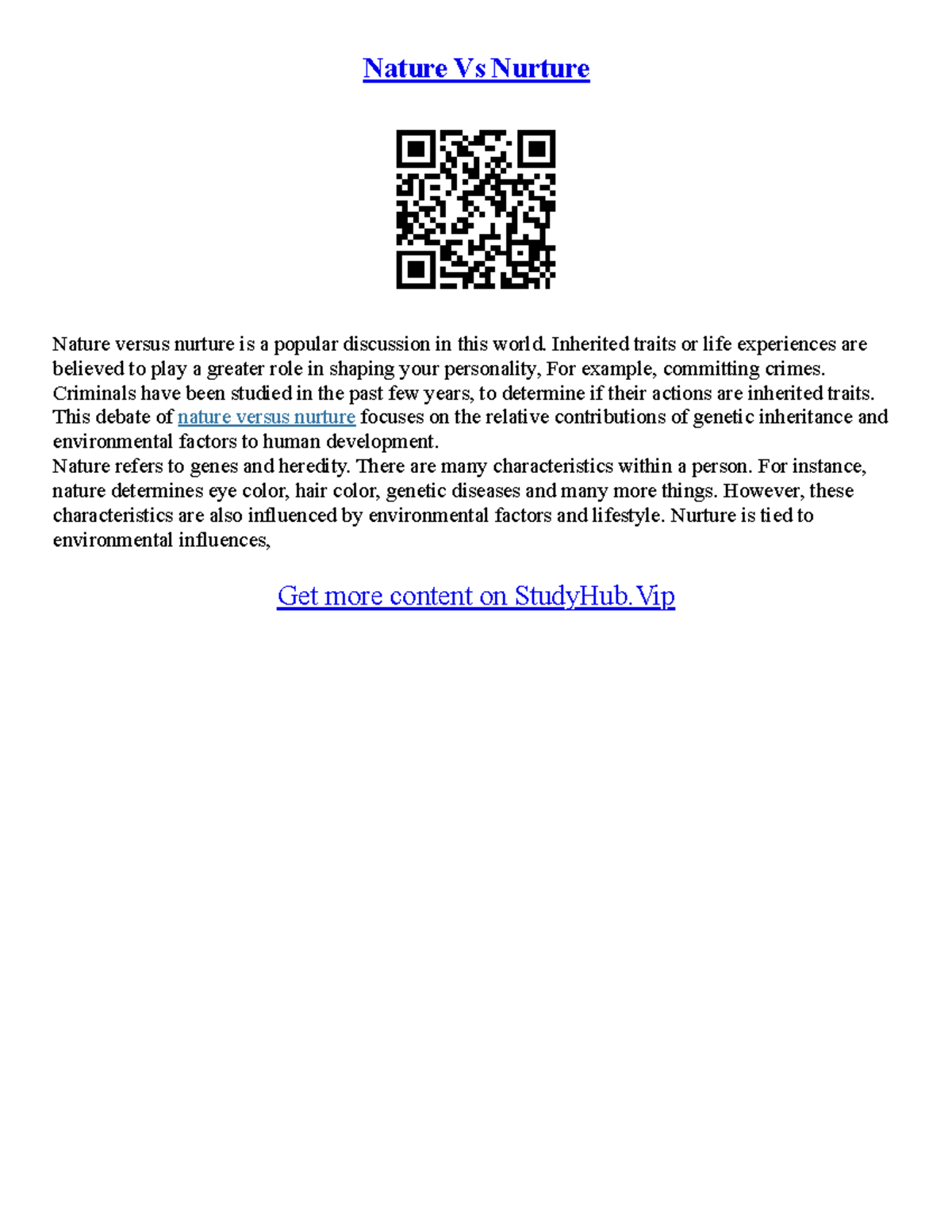 Nature Versus Nurture Essay - Nature Vs Nurture Nature versus nurture ...