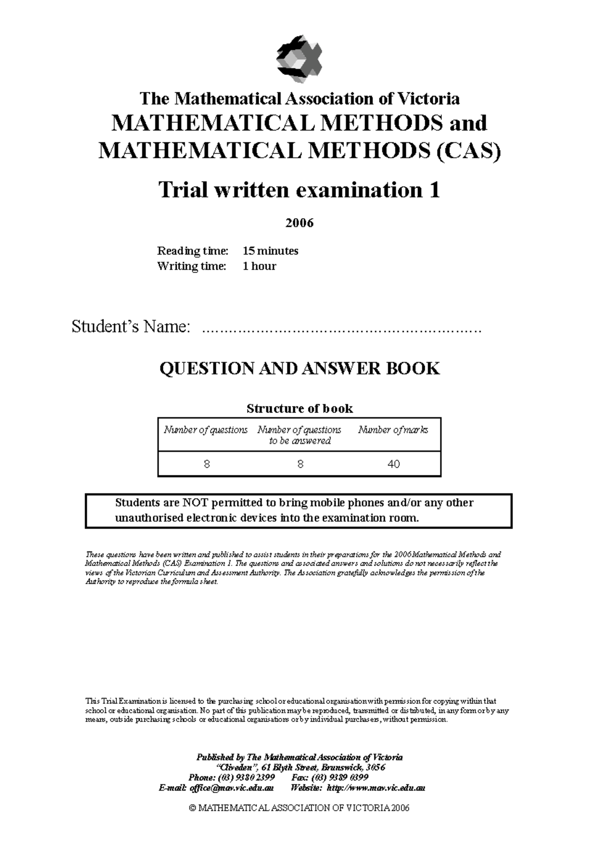 MM Exam 1 v1 - MM Exam 1 v1.0 - MATHEMATICAL METHODS and MATHEMATICAL METHODS (CAS) Trial ...