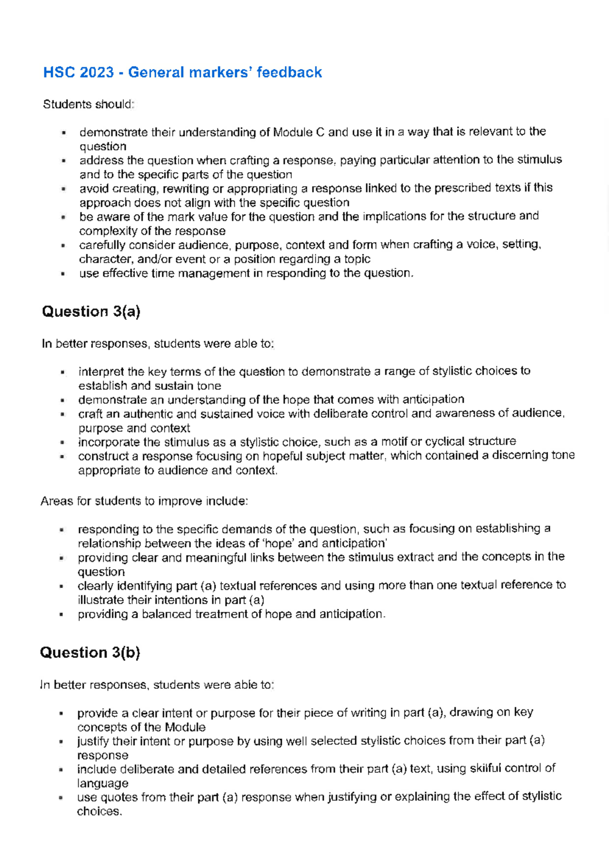 Past HSC and CSSA questions - HSC 2023 General feedback Students should ...
