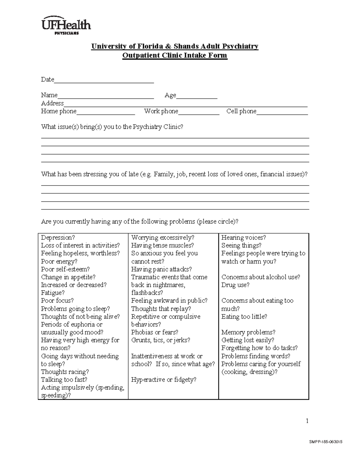 Psych Clinic intake form 2015 - 1 University of Florida & Shands Adult ...