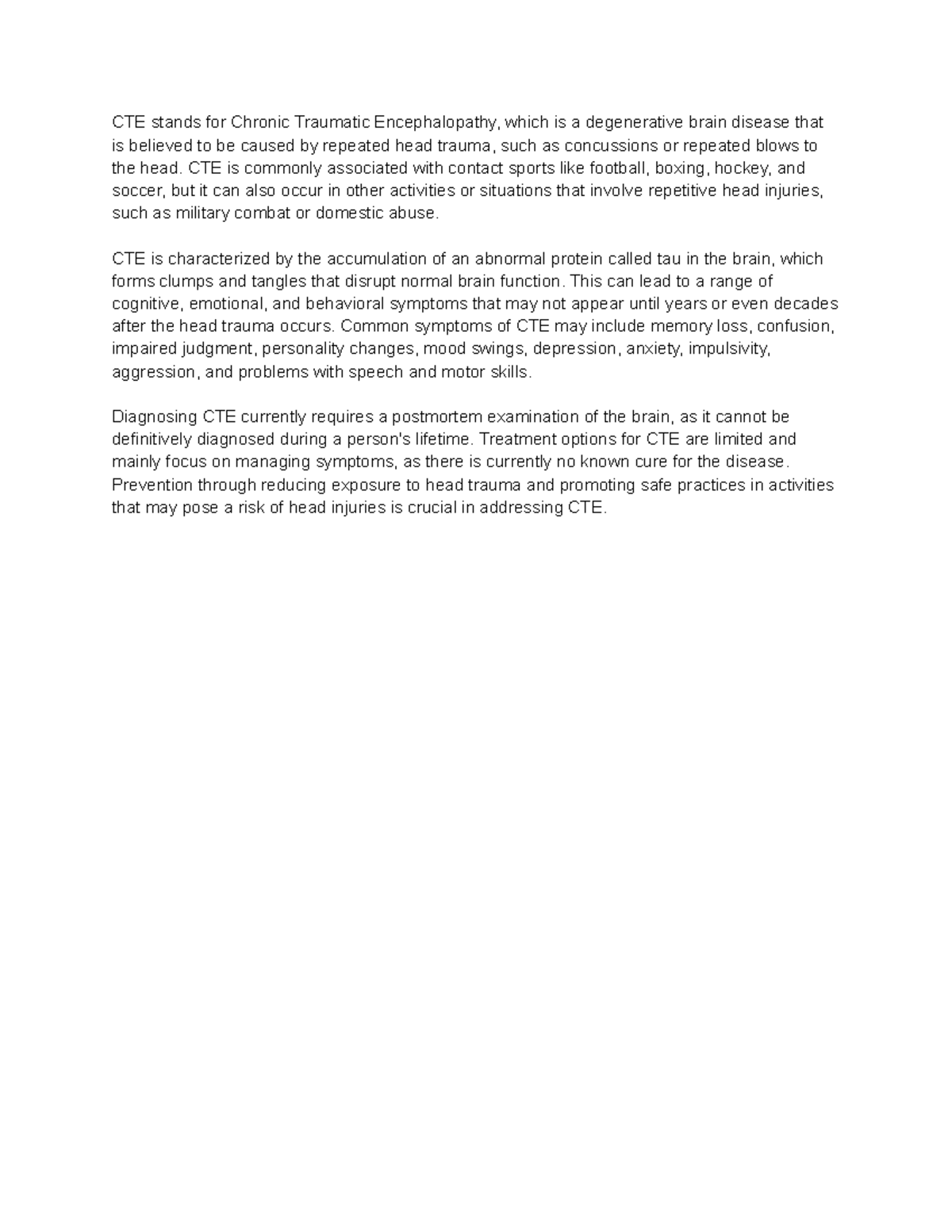 Cte - work - CTE stands for Chronic Traumatic Encephalopathy, which is ...