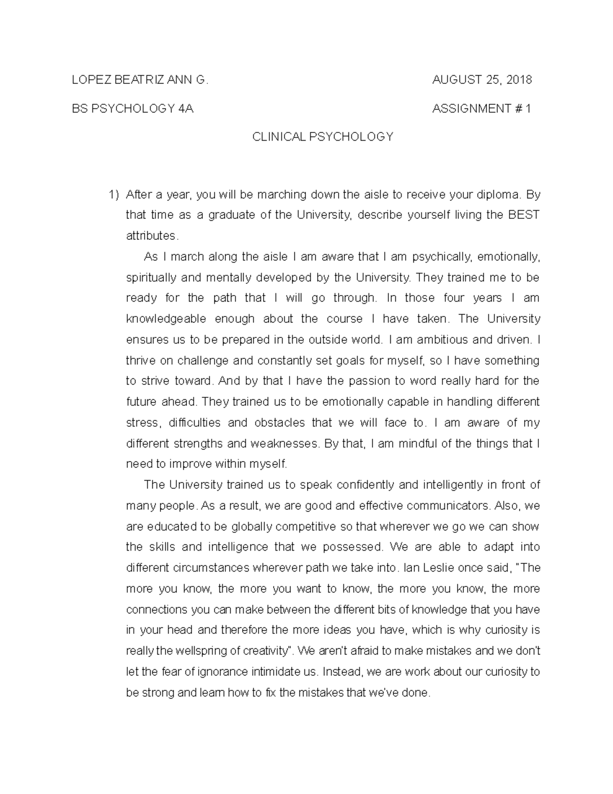 Clinical PSY Assignment - LOPEZ BEATRIZ ANN G. AUGUST 25, 2018 BS ...