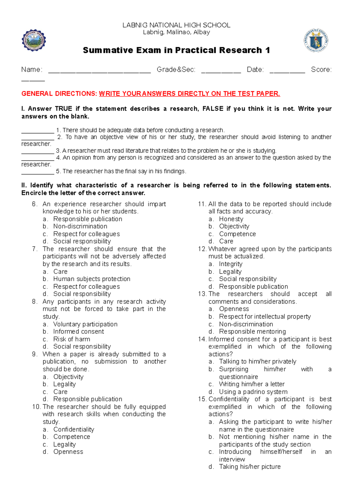 Practical research 1 exam - Agricultural Marketing - University of the ...