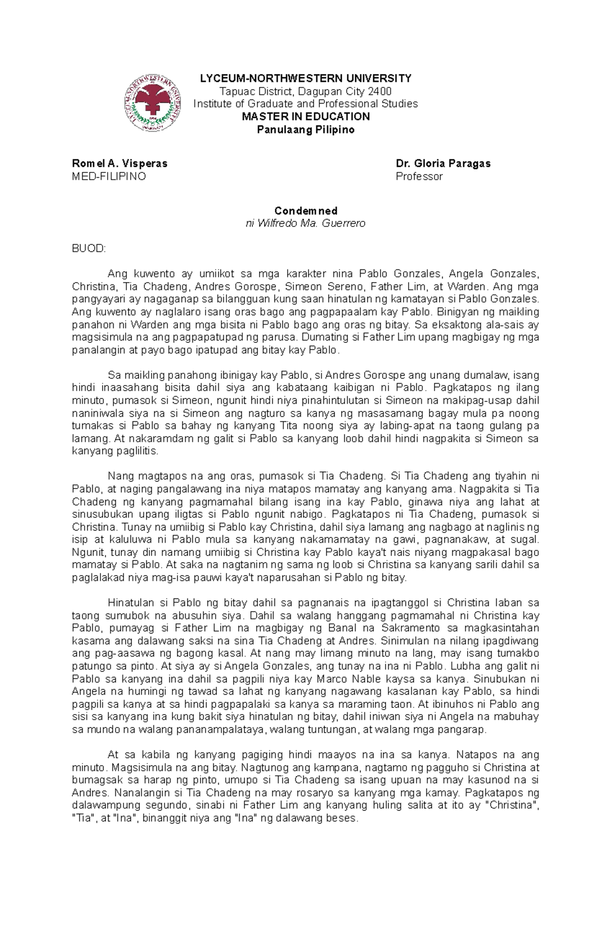 Romel A. Visperas - Activity SA DULA AT Nobelang Pilipino - LYCEUM ...