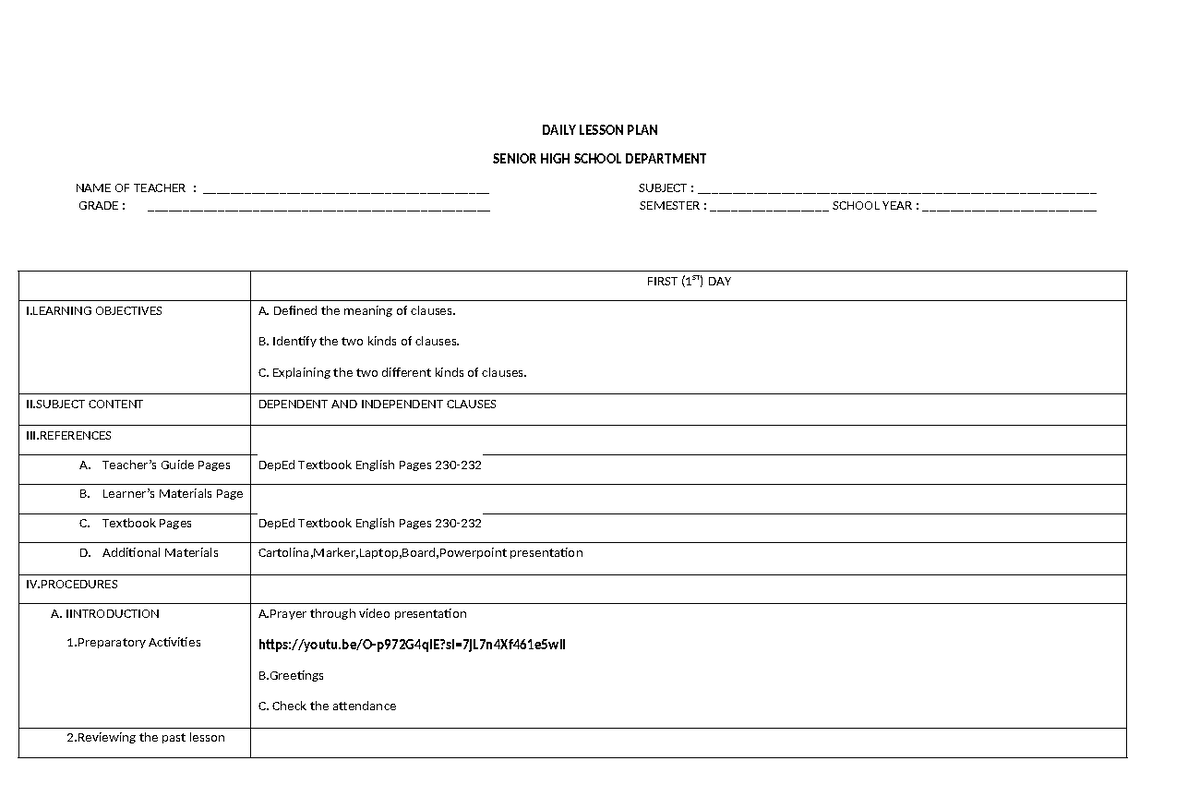 Using Technology Lesson PLAN 1 - DAILY LESSON PLAN SENIOR HIGH SCHOOL ...