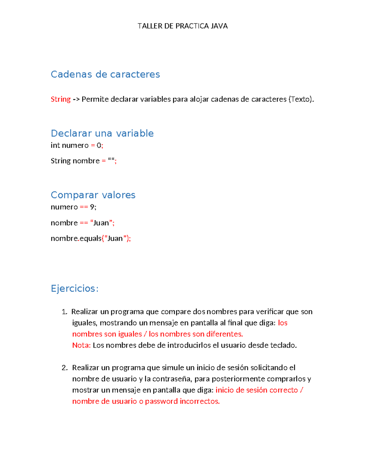 Cadenas de caracteres en JAVA - TALLER DE PRACTICA JAVA Cadenas de ...