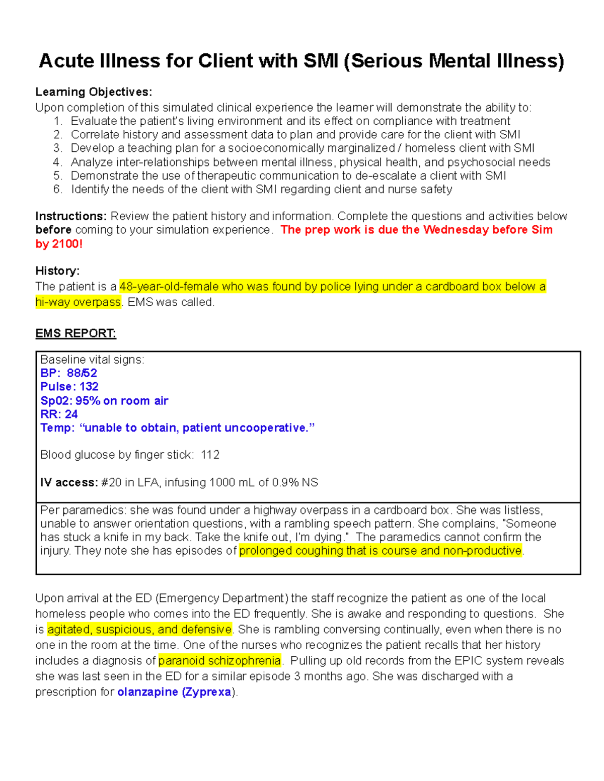 Acute Illness for Client with SMI Simulation - Acute Illness for Client ...